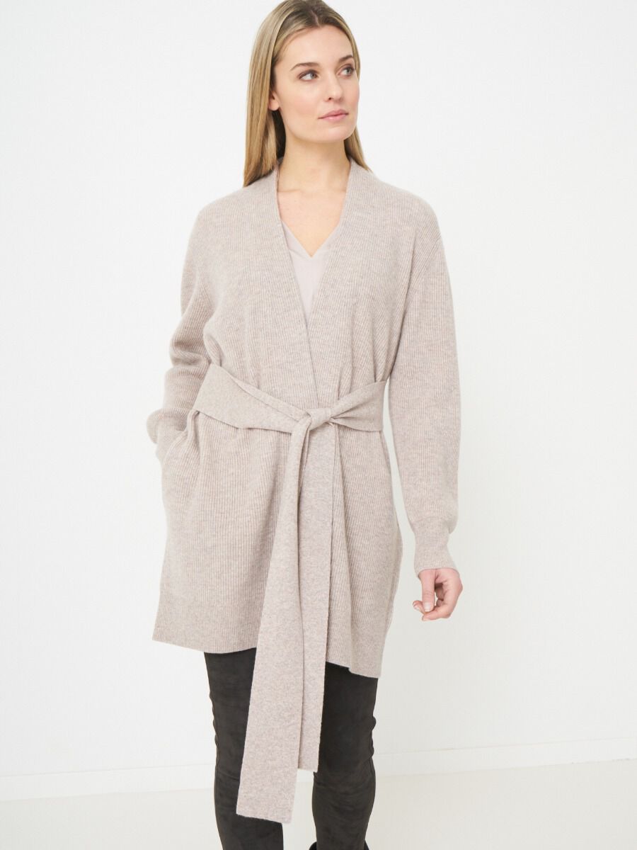 Fine rib knit cardigan with wide knitted belt