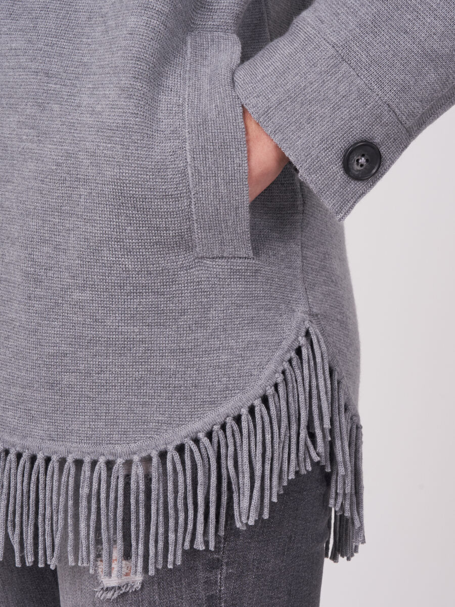 Merino wool cardigan with fringed hem