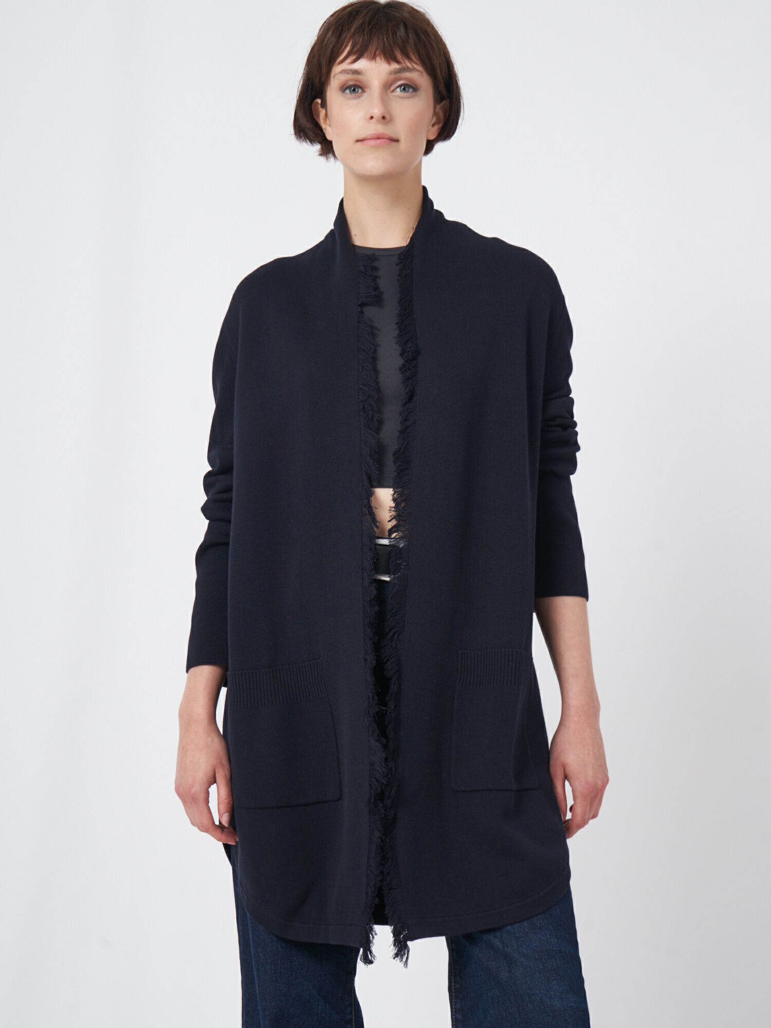 Cardigan ouvert avec col châle à franges en coton mélangé