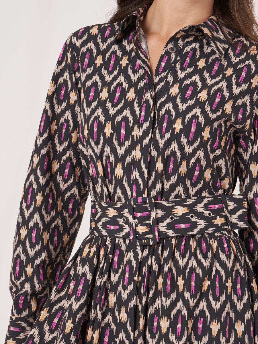 Cotton Ikat Print Shirt Dress With Belt