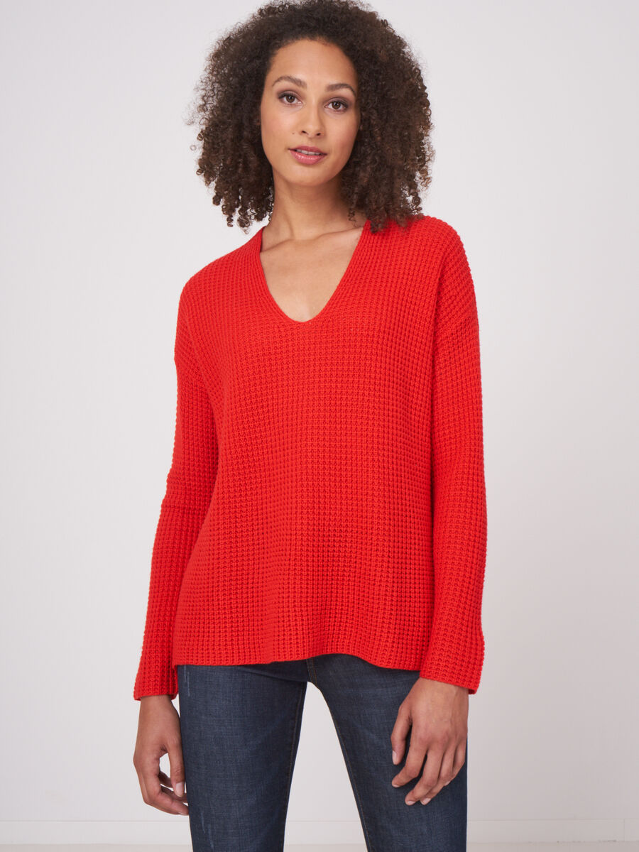 Chunky Rib Knit Merino Wool V Neck Sweater